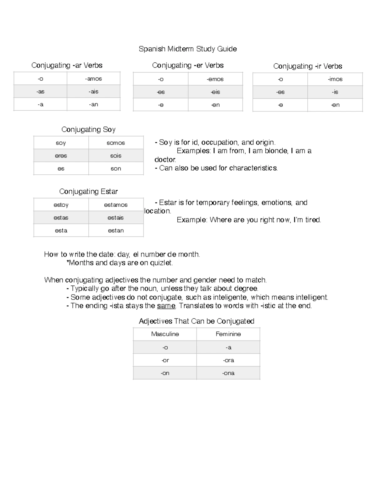 Final Spanish I - Spanish Final Study Guide Spanish 1 Part A: True or ...