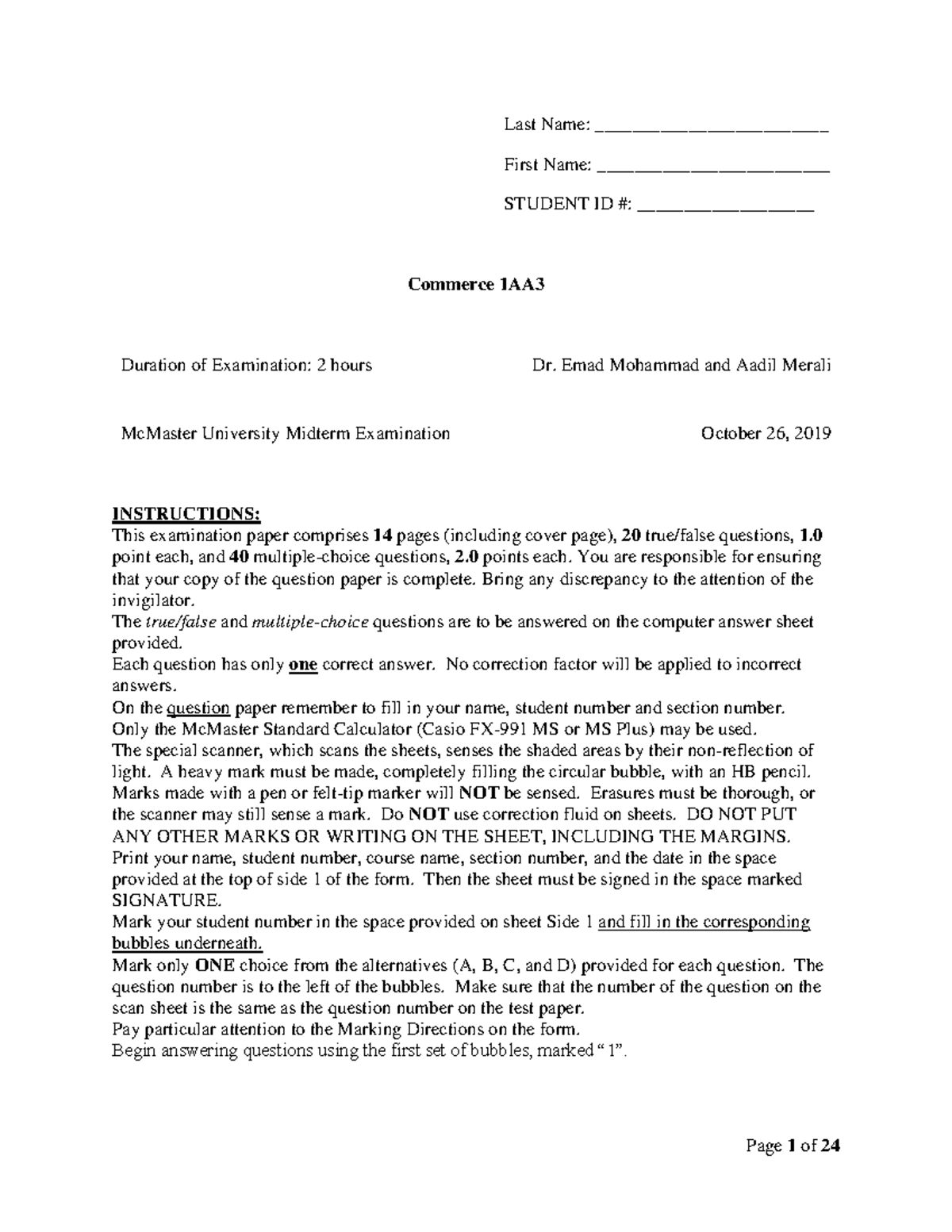 2019 Midterm Detailed Solutions - Last Name: _________________________ First Name: - Studocu