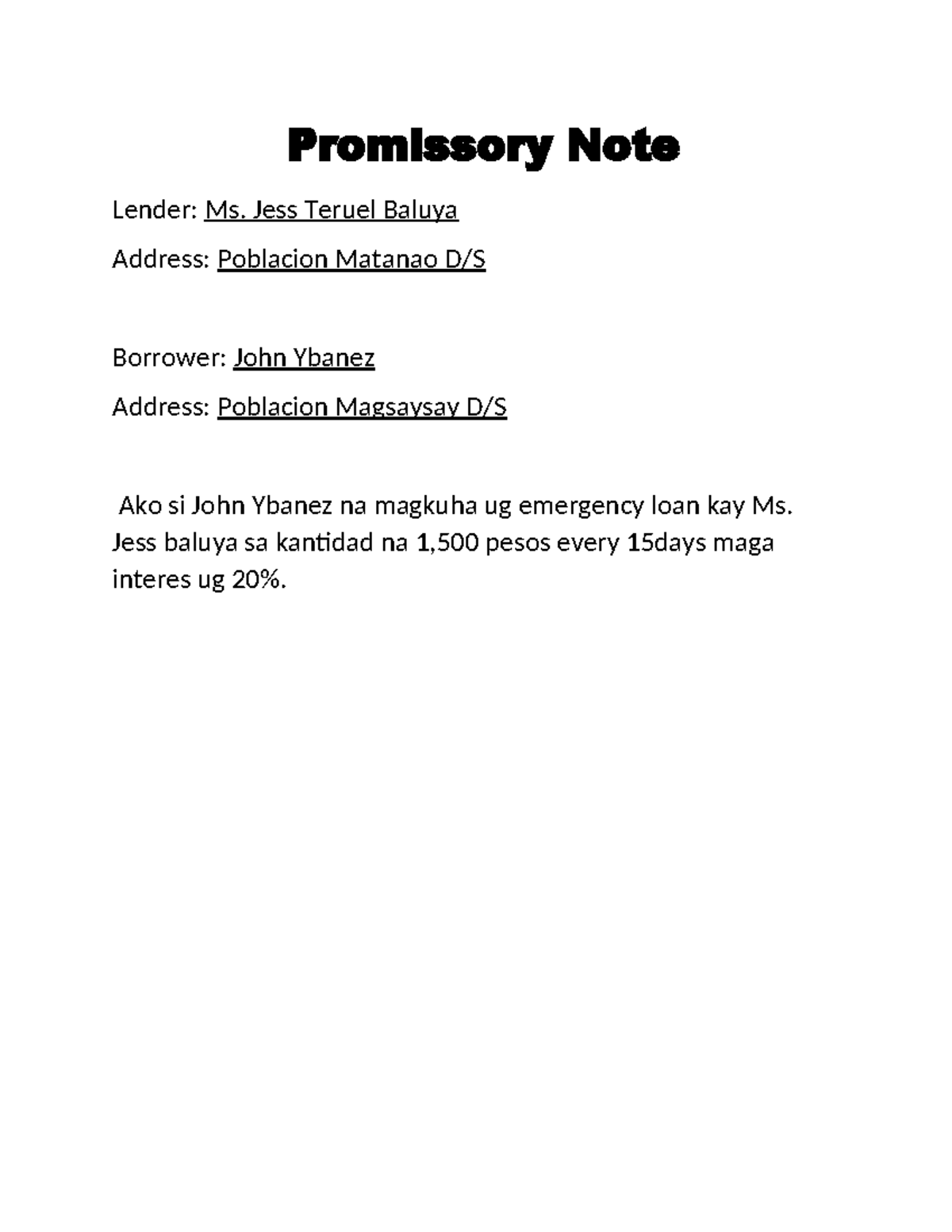 Promissory Note - assignment - Bachelor of Secondary Education ...