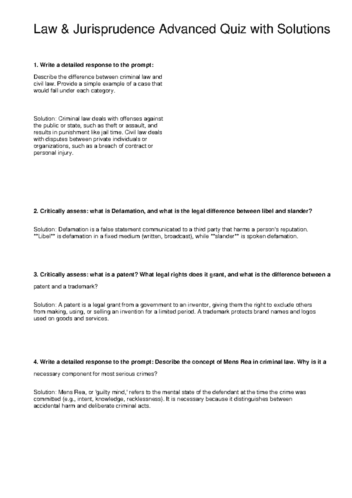 Law Jurisprudence Advanced Quiz 14: 20 Items with Solutions - Studocu