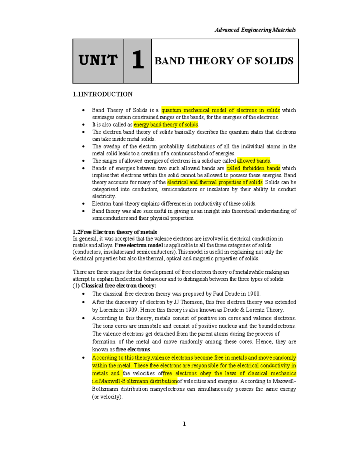 Unit 1 AEM: Band Theory of Solids and Electrical Conduction - Studocu