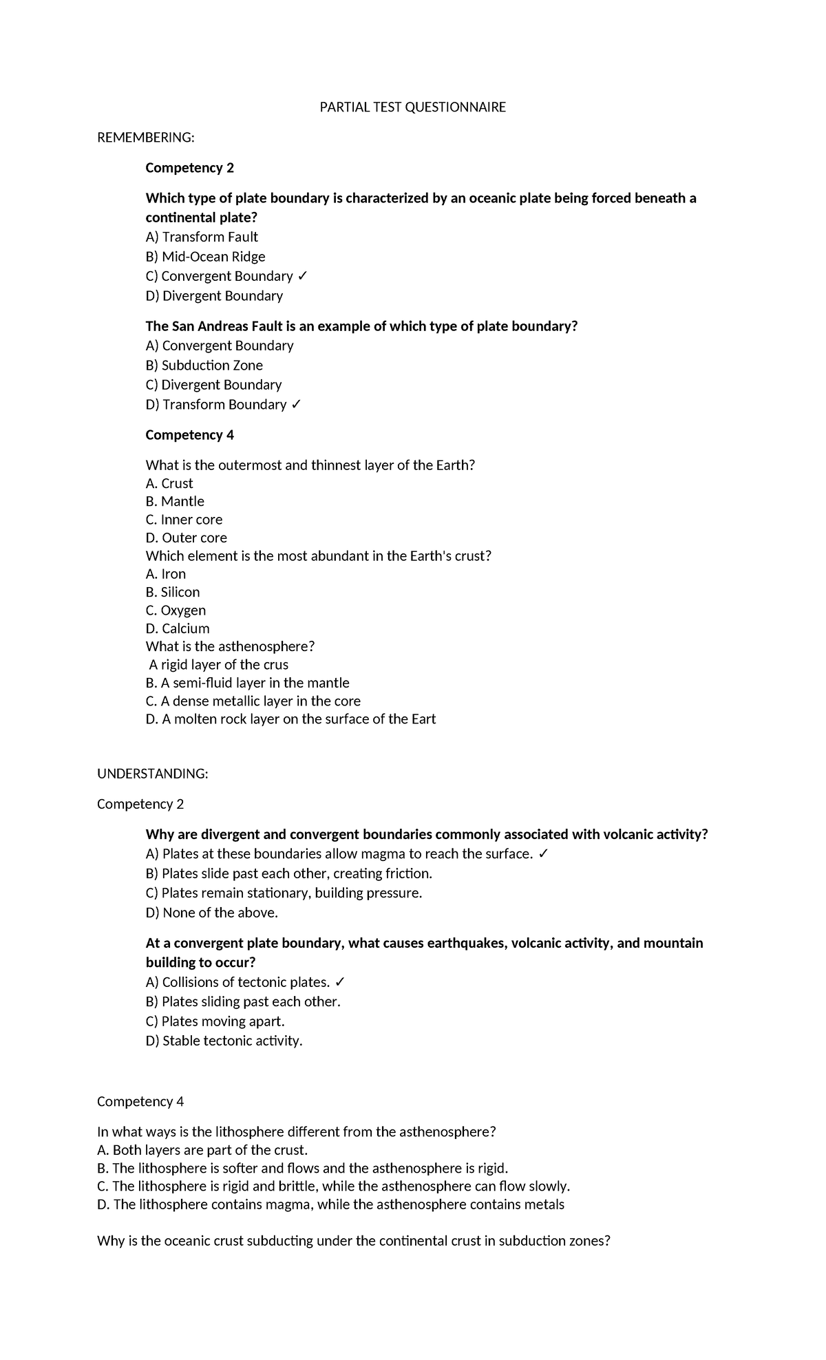 Partial Test Questionnaire: Understanding Plate Boundaries and Earth ...