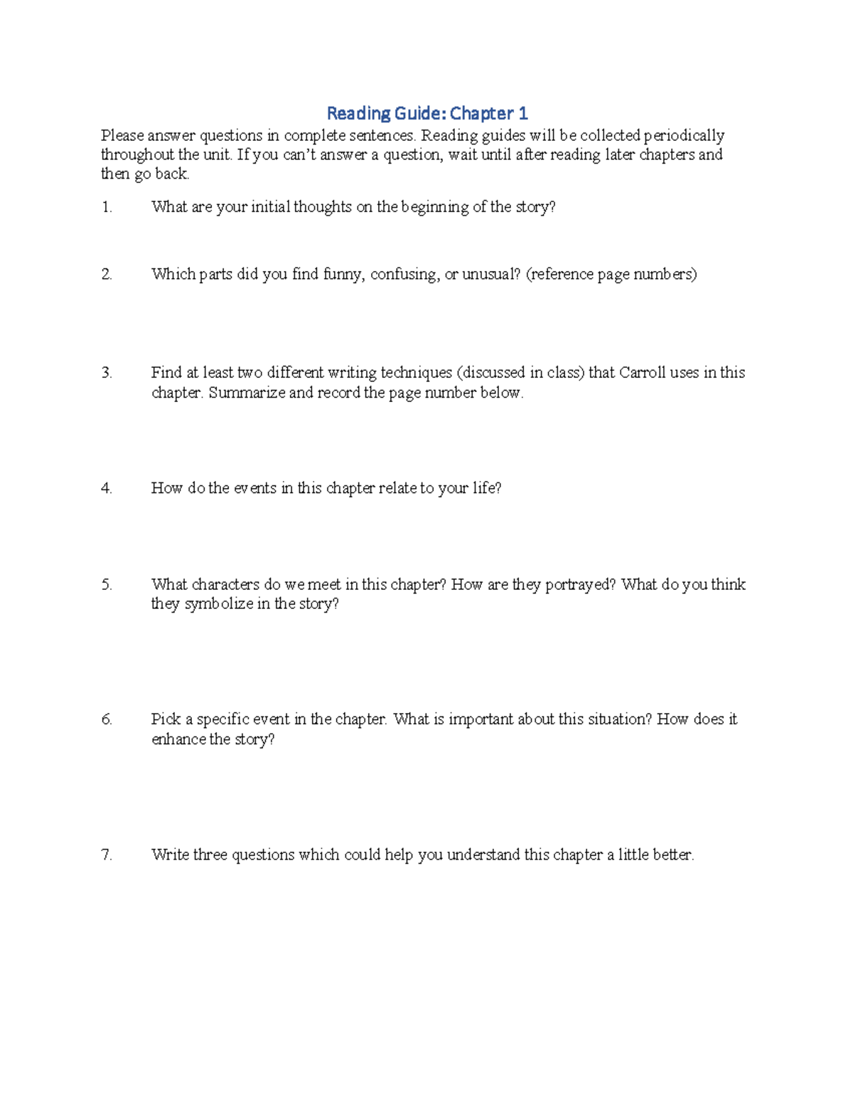 Alice's Adventures in Wonderland Reading Guide - Please answer ...