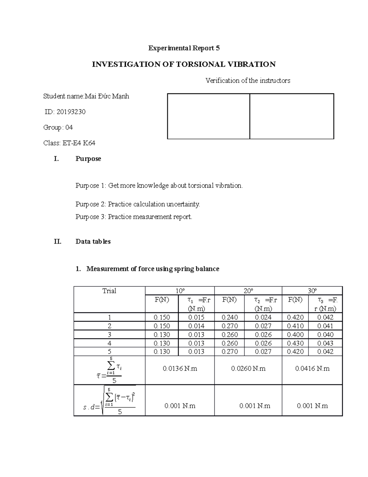 Experiment Report 5 - Experimental Report 5 INVESTIGATION OF TORSIONAL ...