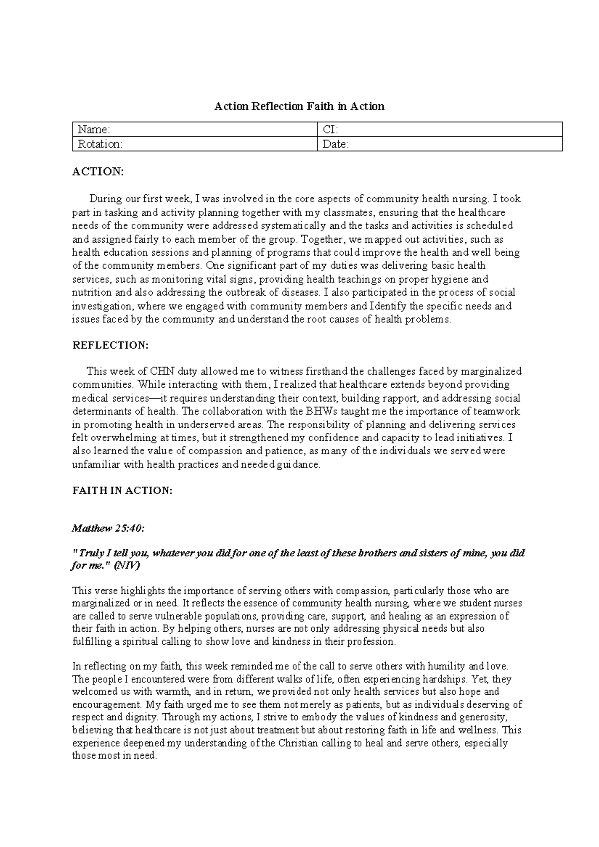 ARFA_COMMUNITY HEALTH NURSING - Action Reflection Faith in Action Name ...