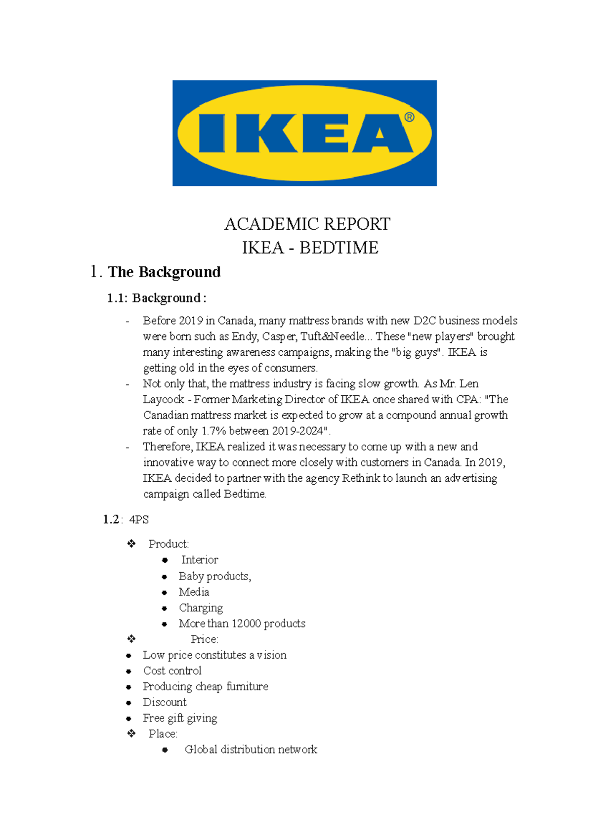 IKEA- Report - ACADEMIC REPORT IKEA - BEDTIME 1. The Background 1 ...
