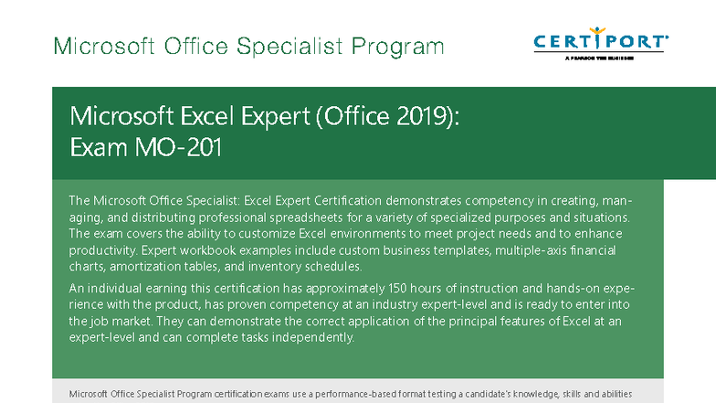 MOS OD Excel Expert 1122: Certification Exam Overview - Studocu