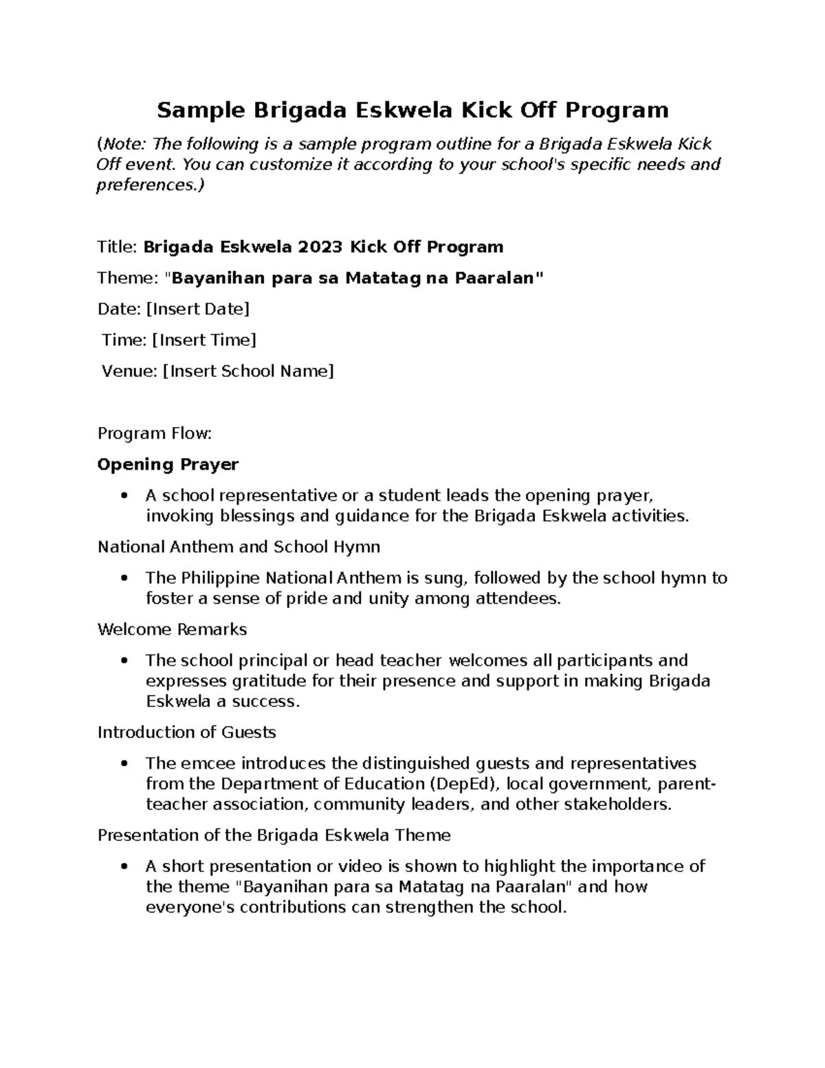 Brigada Eskwela KICK OFF Program - Sample Brigada Eskwela Kick Off ...