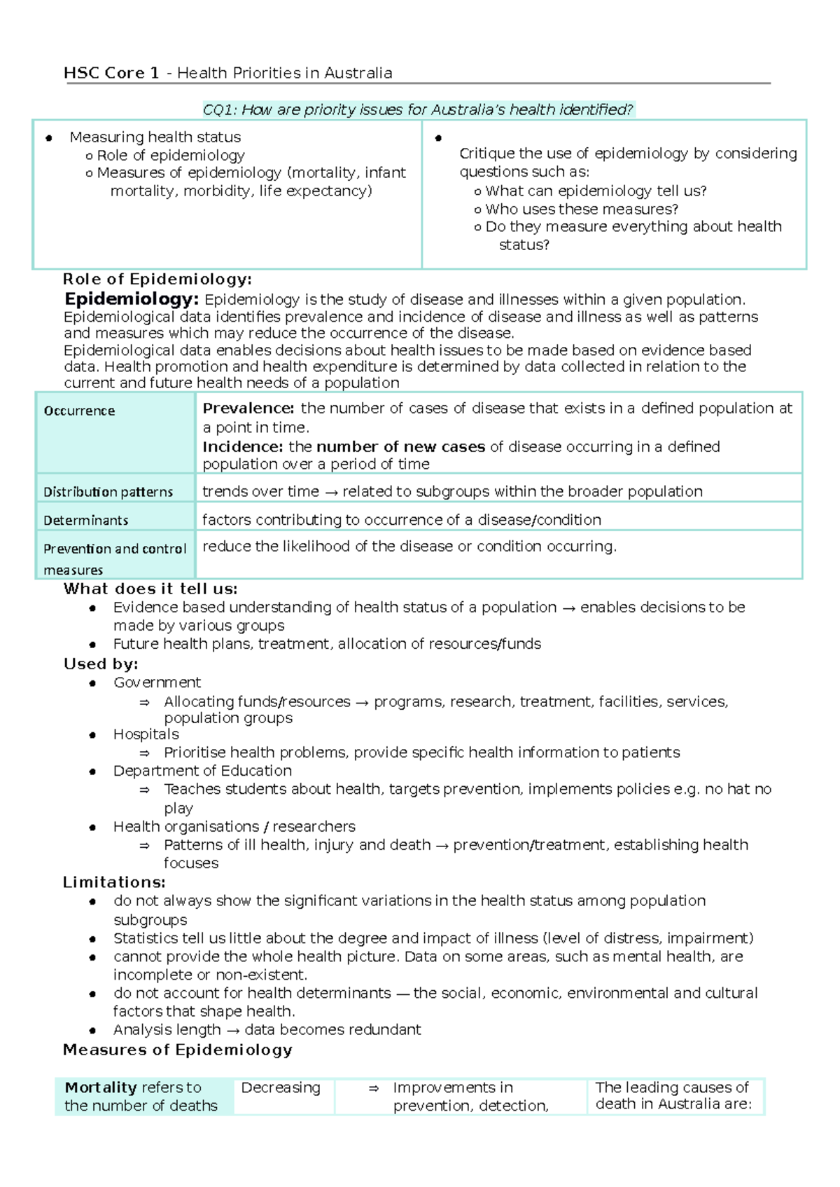 HSC CORE ONE 2023 - Health Priorities & Epidemiology Notes - Studocu