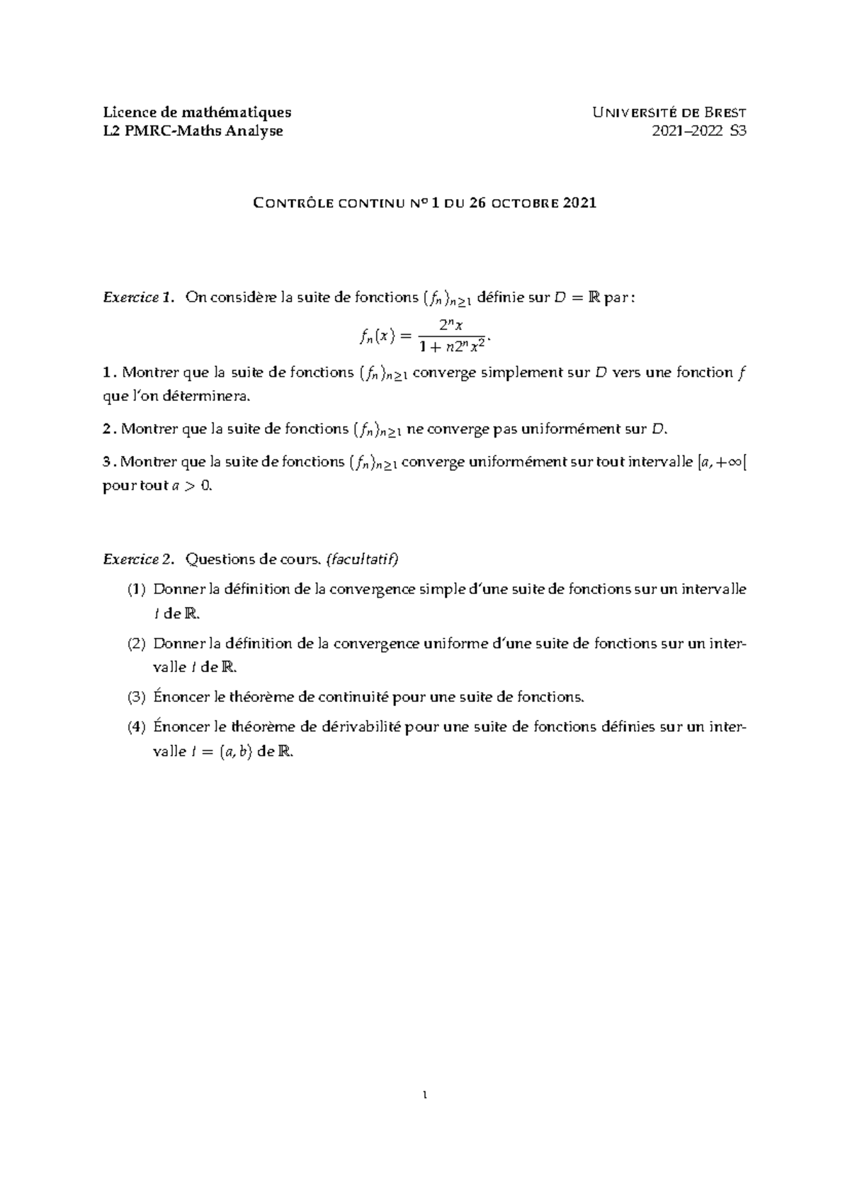 CC 1 - Contrôle Continu 2021-2022 en Analyse 2: Convergence des ...