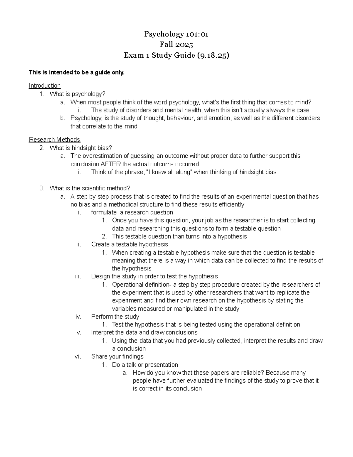 Psychology 101:01 Fall 2025 Exam 1 Comprehensive Study Guide - Studocu