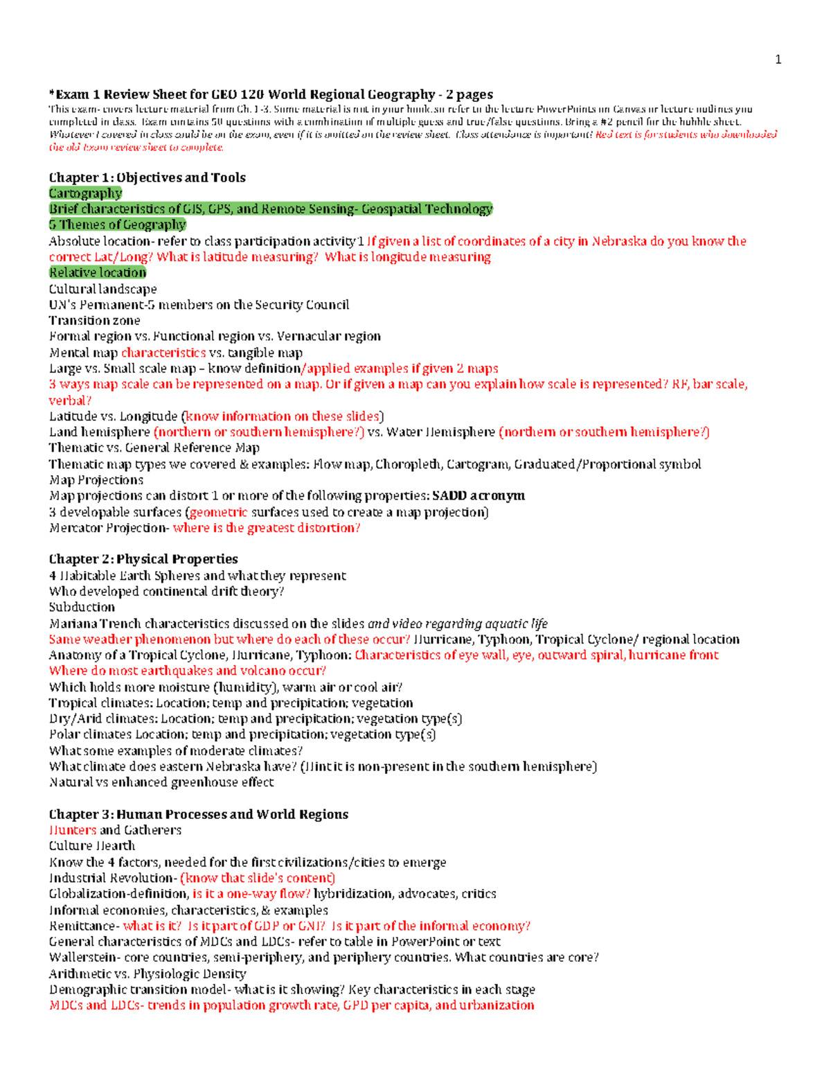 Exam 1 Review Sheet for GEO 120: World Regional Geography - Fall 2024 ...