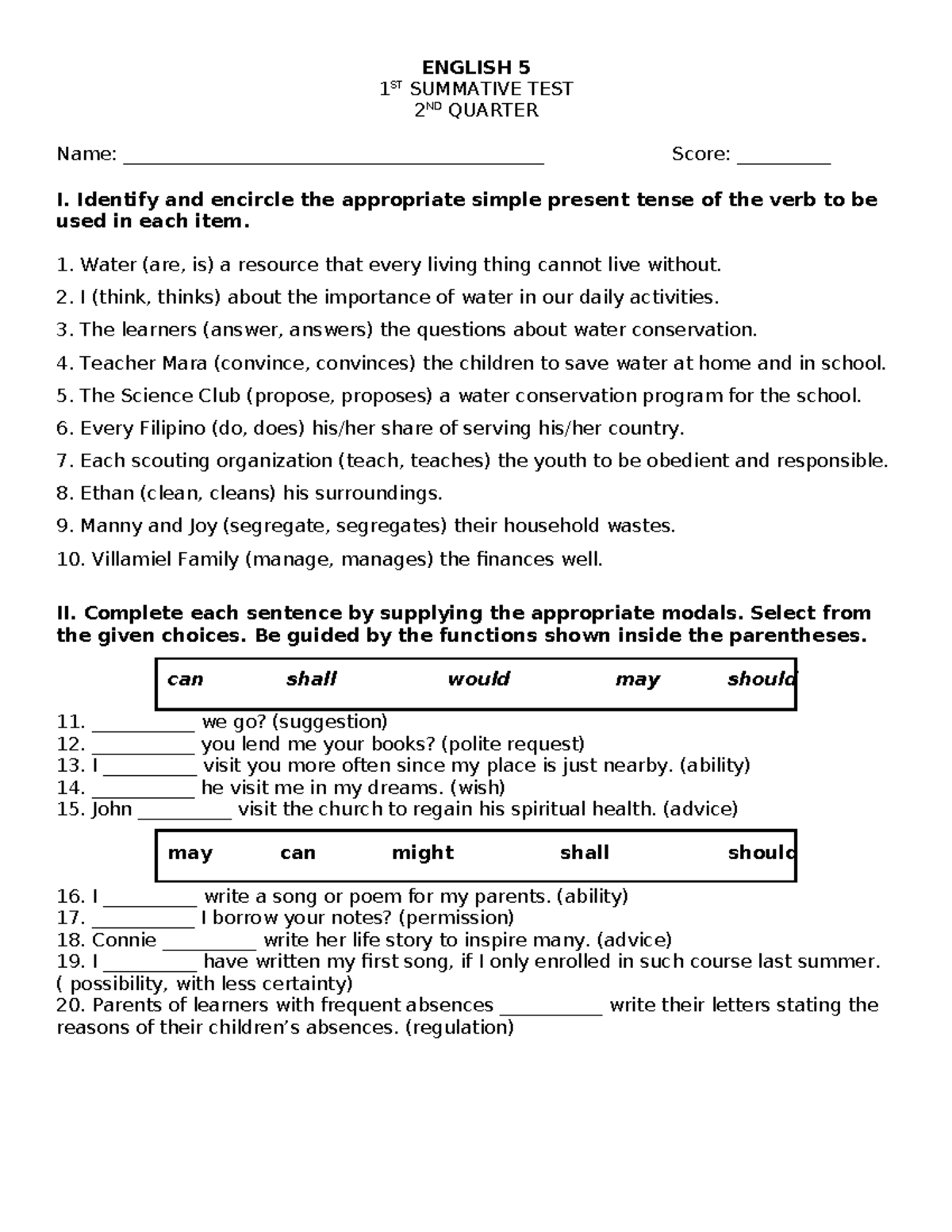 English 5 ST1 Q2 - Summative Test on Simple Present Tense - Studocu