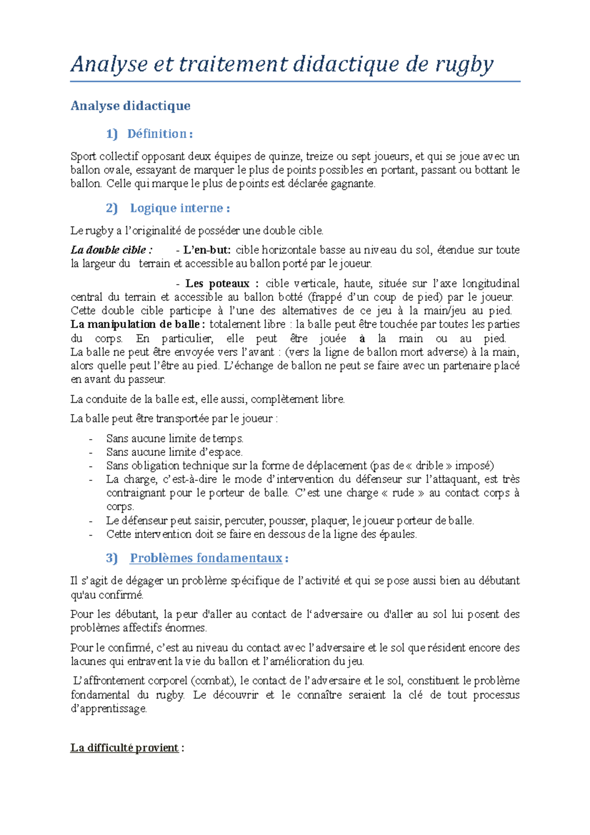 Analyse et Traitement Didactique du Rugby - Module 1 - Studocu