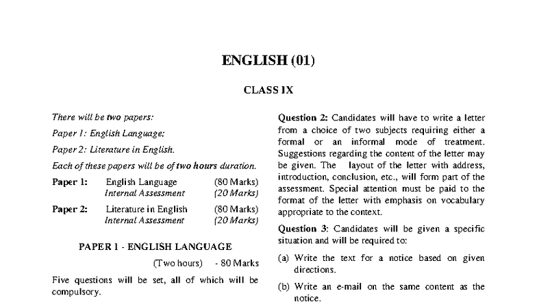 ICSE ENGLISH (01) CLASS IX: Exam Format & Assessment Guidelines - Studocu