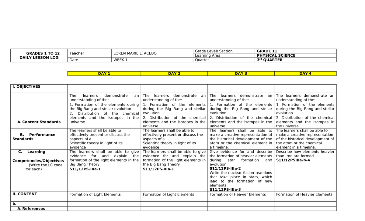 Grade 11 Physical Science Lesson Log: Week 1 Overview - Studocu