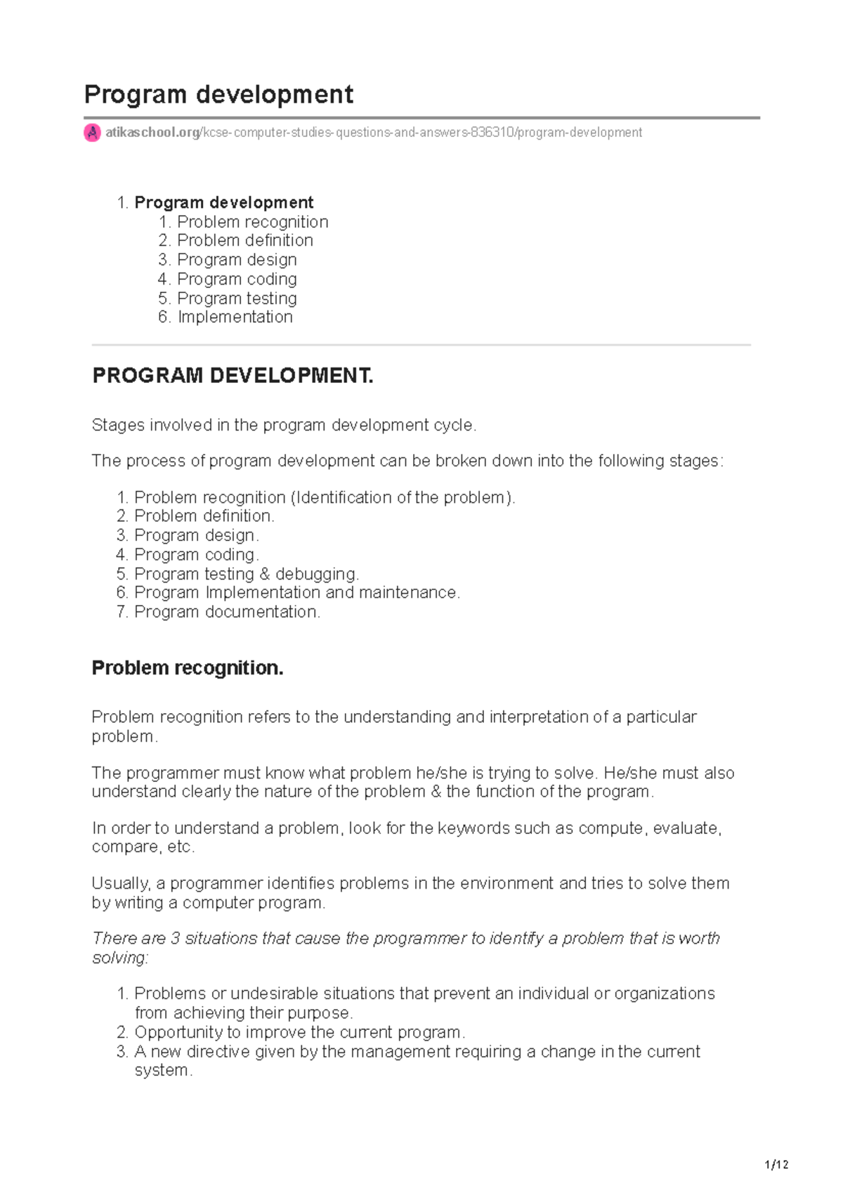 KCSE Computer Studies: Program Development Process Overview - Studocu