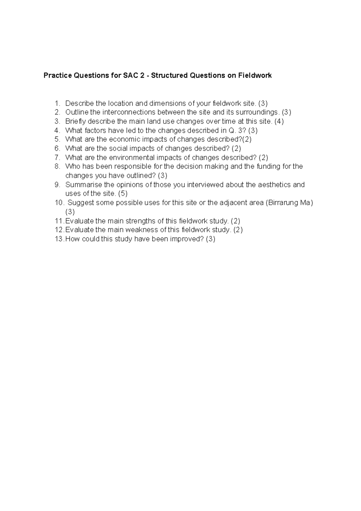 SAC 2 Practice Questions on Fieldwork Analysis and Evaluation - Studocu