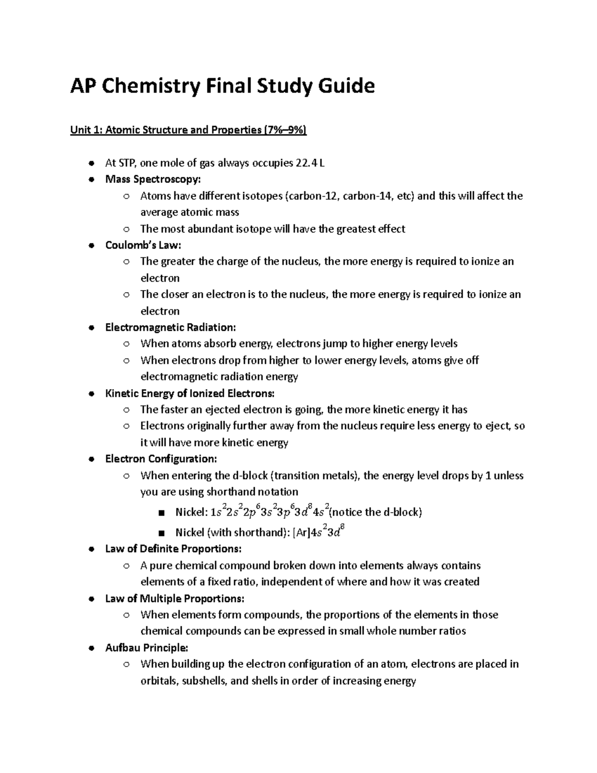 AP Chem 2023 Final Exam Study Guide: Key Concepts and Reactions - Studocu