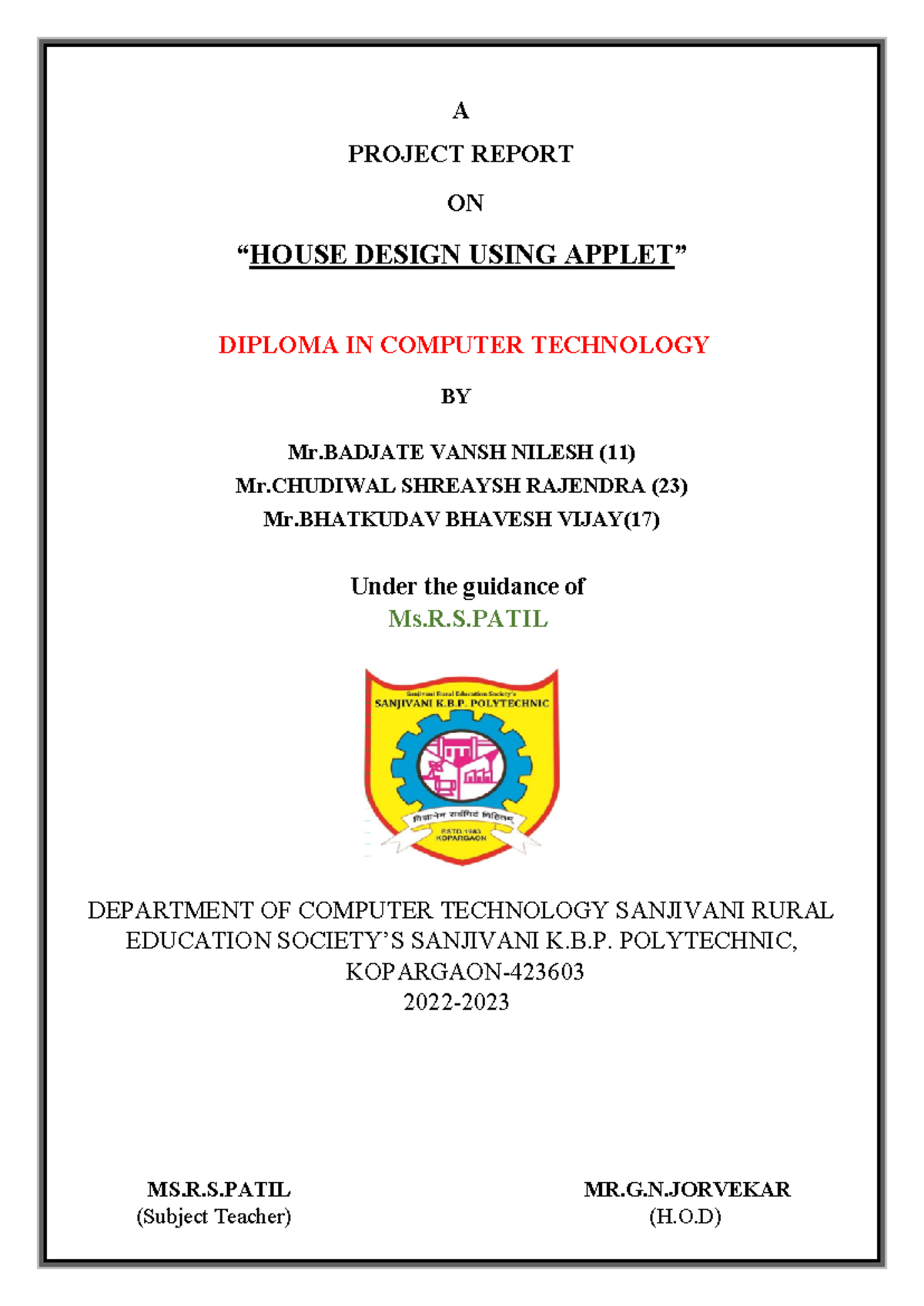 Project Report: House Design Using Applet for Diploma in CT - Studocu