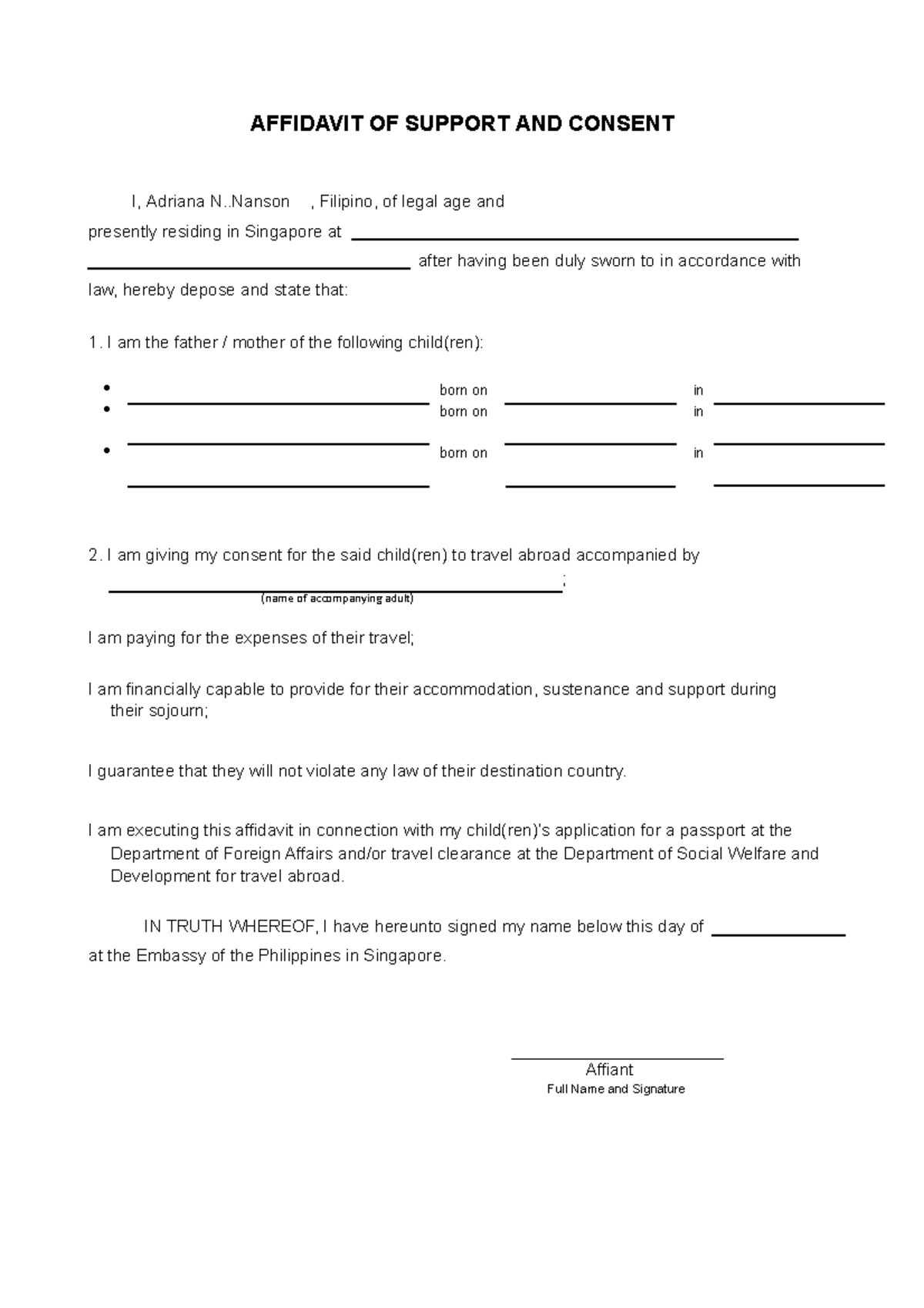 Affidavit Of Support And Consent Sle Philippines Pdf - Infoupdate.org