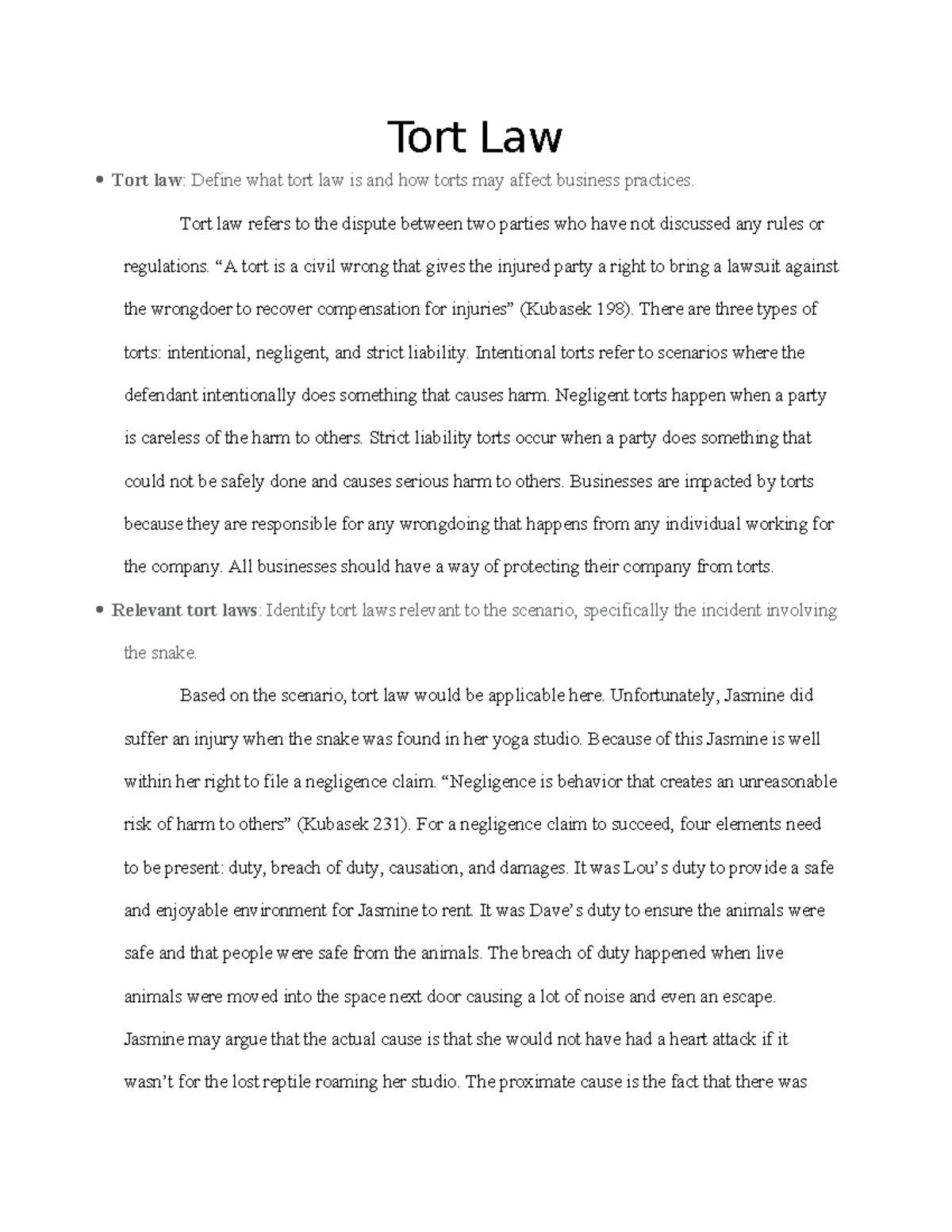 Tort Law Assignment: Negligence Claims and Business Impact Analysis ...