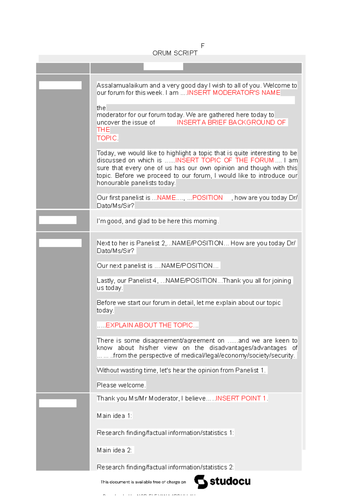 English Forum Script Sample: Dialogue Structure and Key Points - Studocu