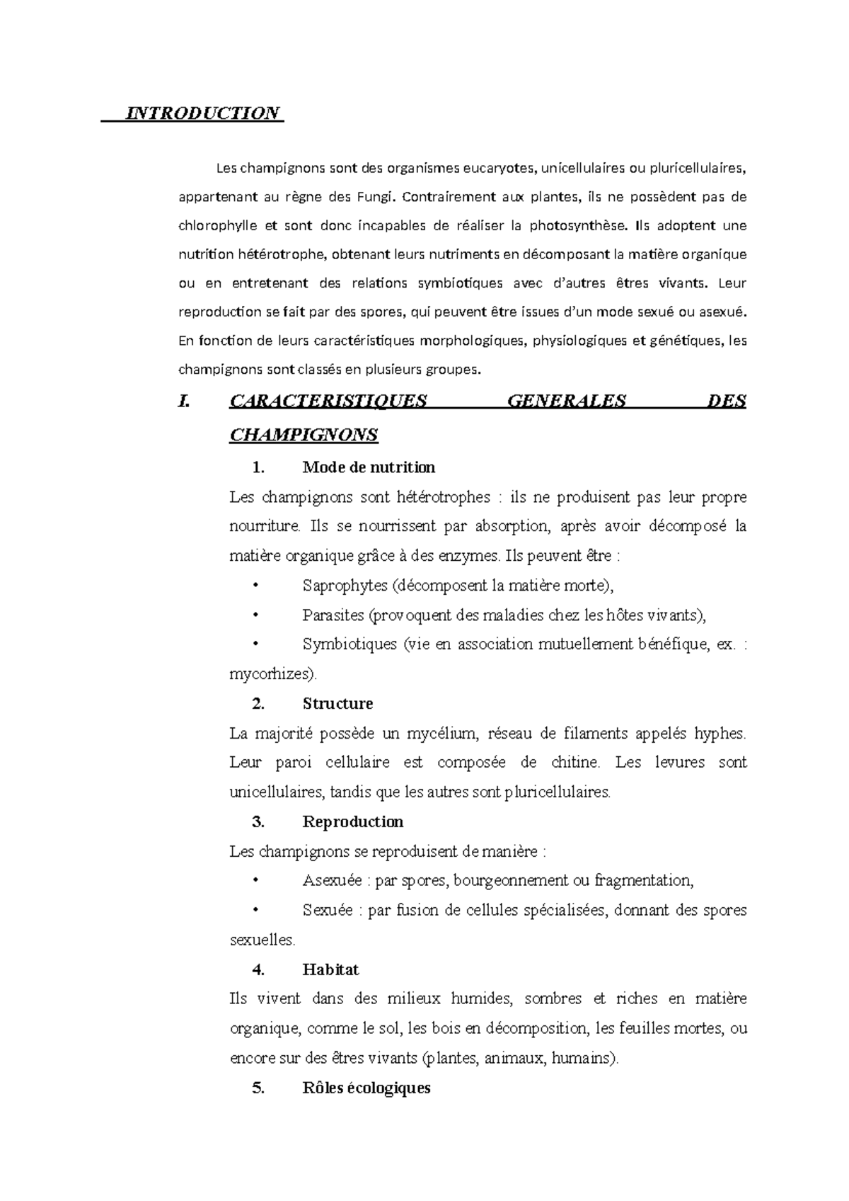 Classification des Champignons - Introduction et Caractéristiques - Studocu