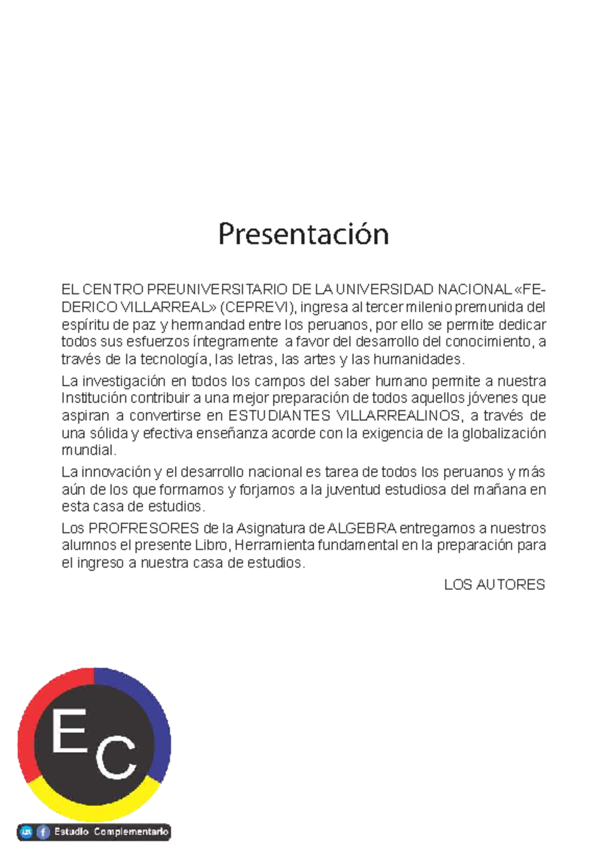 Título: Notas de Álgebra U.N.F.V.C.E.P.R.E.V.I - Preparación para ...