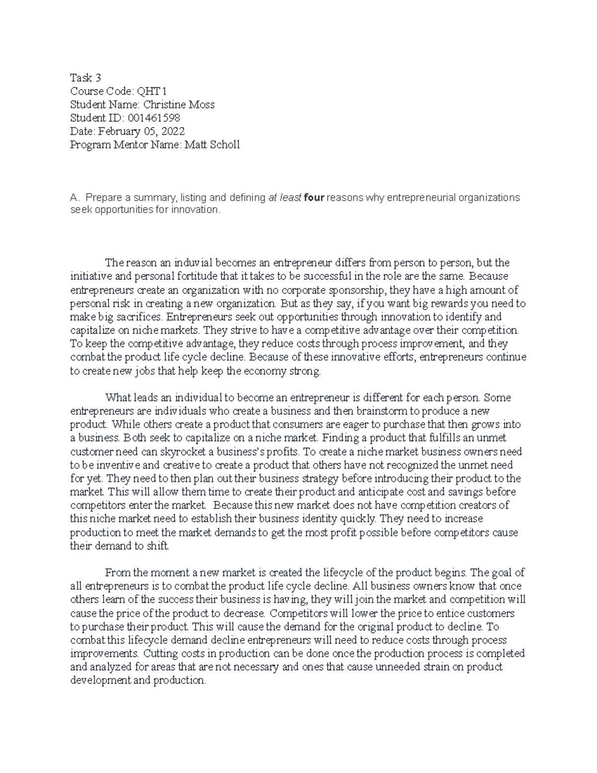 QHT1 Task 3 Business - Task 3 Course Code: QHT Student Name: Christine ...