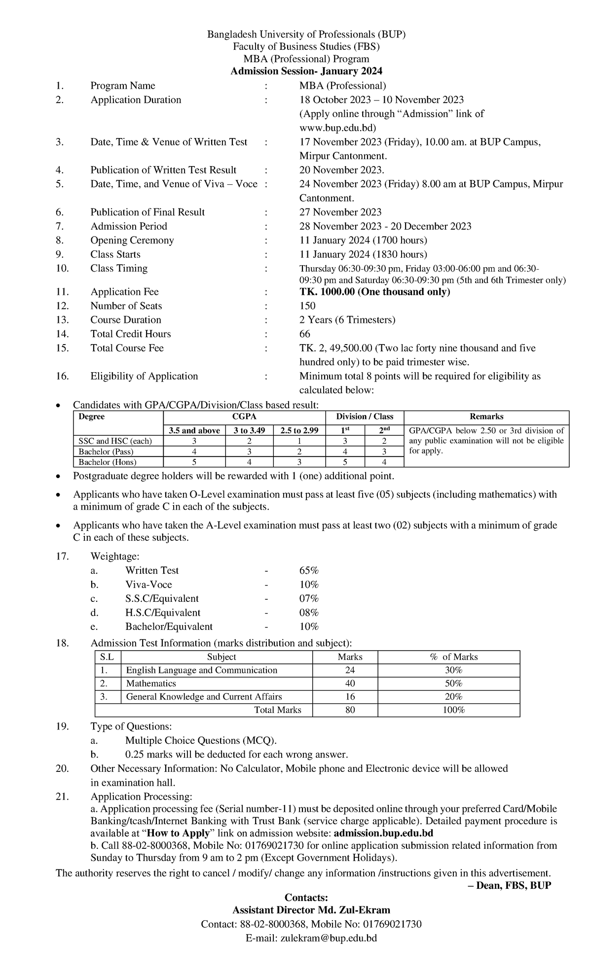 BUP MBA (Professional) Admission Notice for Jan-2024 Session - Studocu