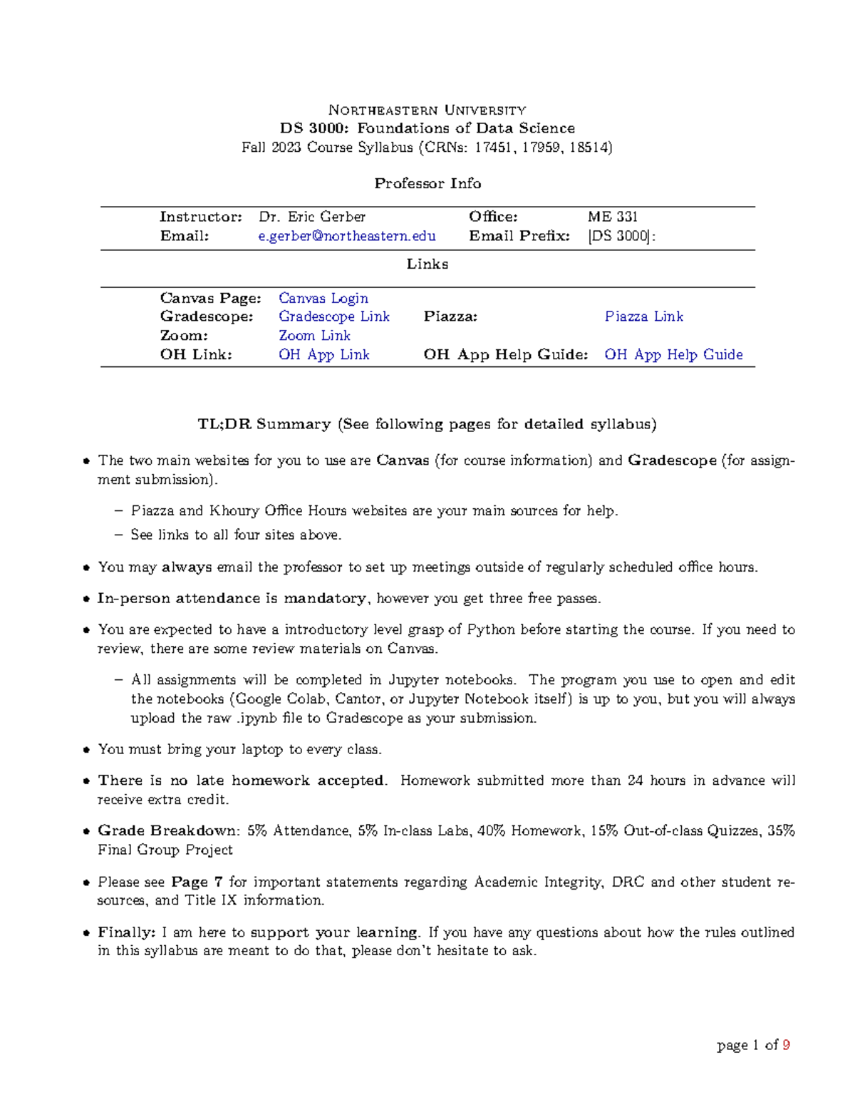 DS 3000: Foundations of Data Science - Fall 2023 Syllabus Overview ...