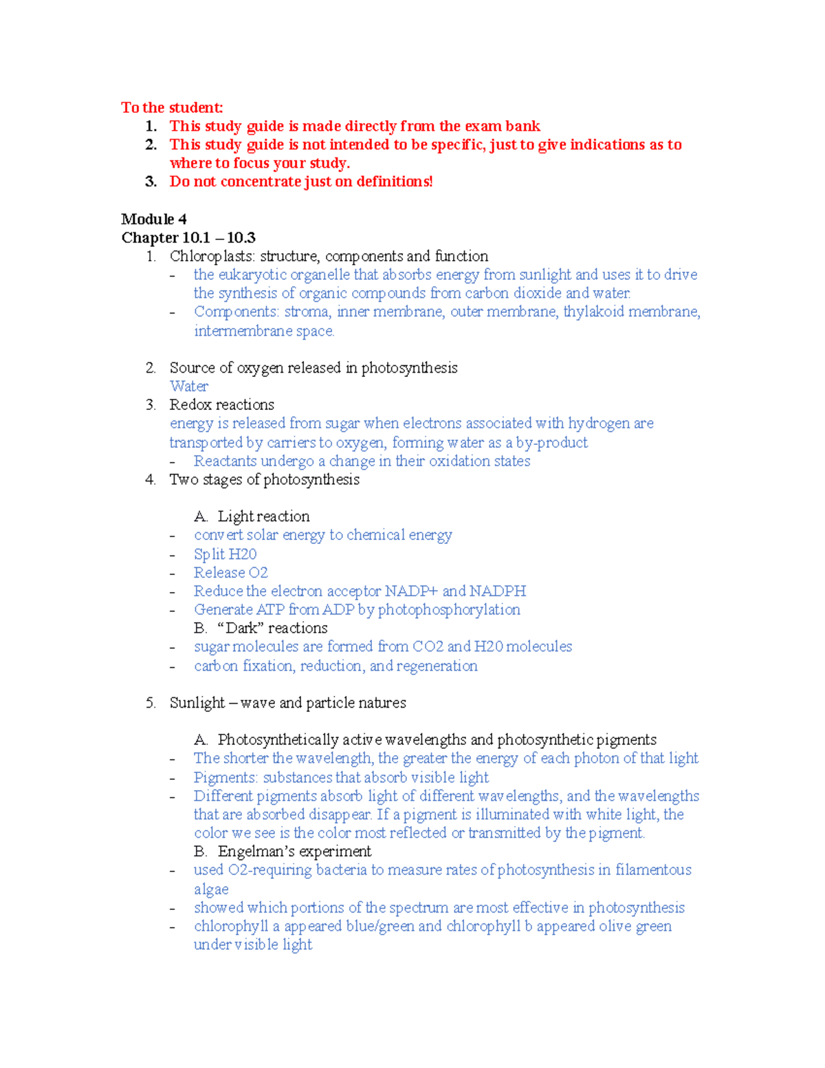 Bio 181 Chapter 10 11 Study Guide On Photosynthesis Signaling Studocu
