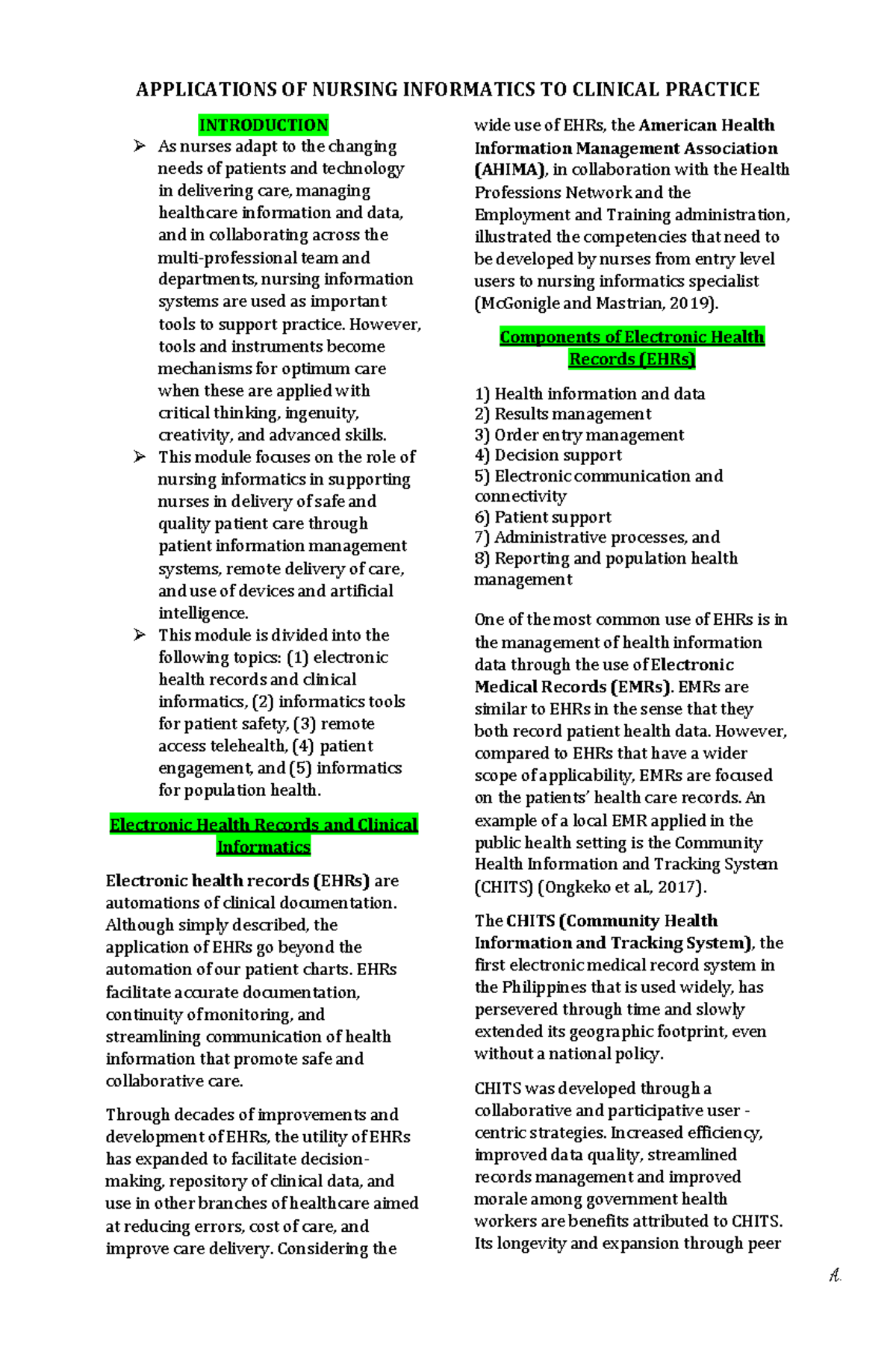 NCM 110 - Lecture Notes on Nursing Informatics Applications in Clinical ...