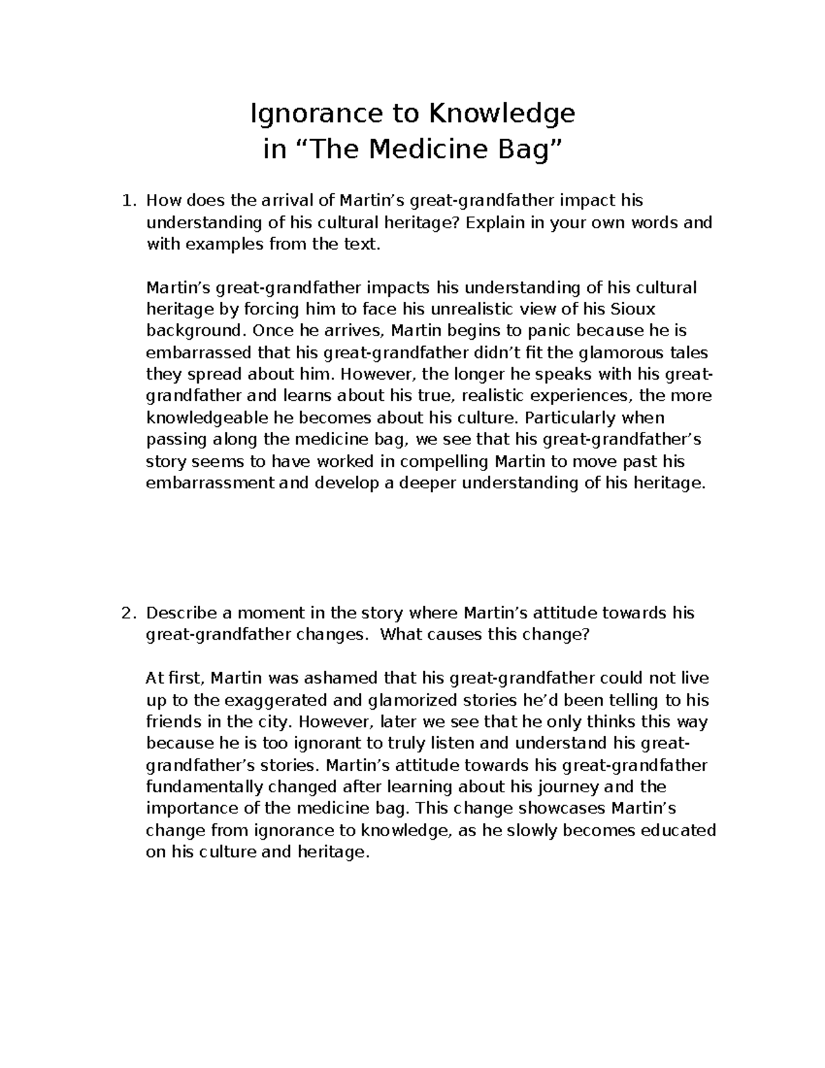 Ignorance to Knowledge in The Medicine Bag [Worksheet] - Studocu