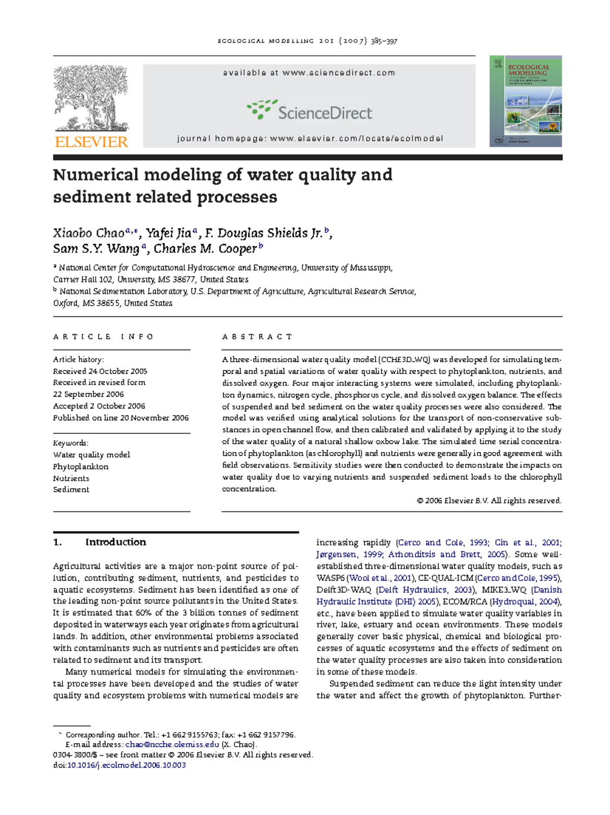 Numerical Modeling of Water Quality and Sediment Processes in CCHE3D WQ ...