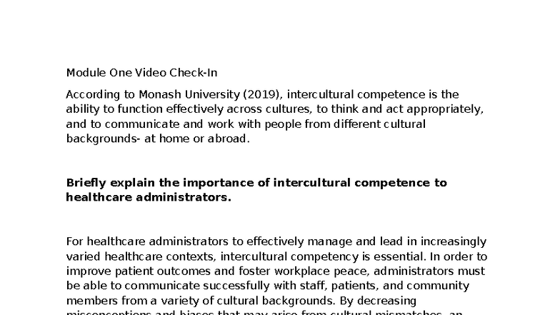 Module One Video Check In: Intercultural Competence in Healthcare - Studocu