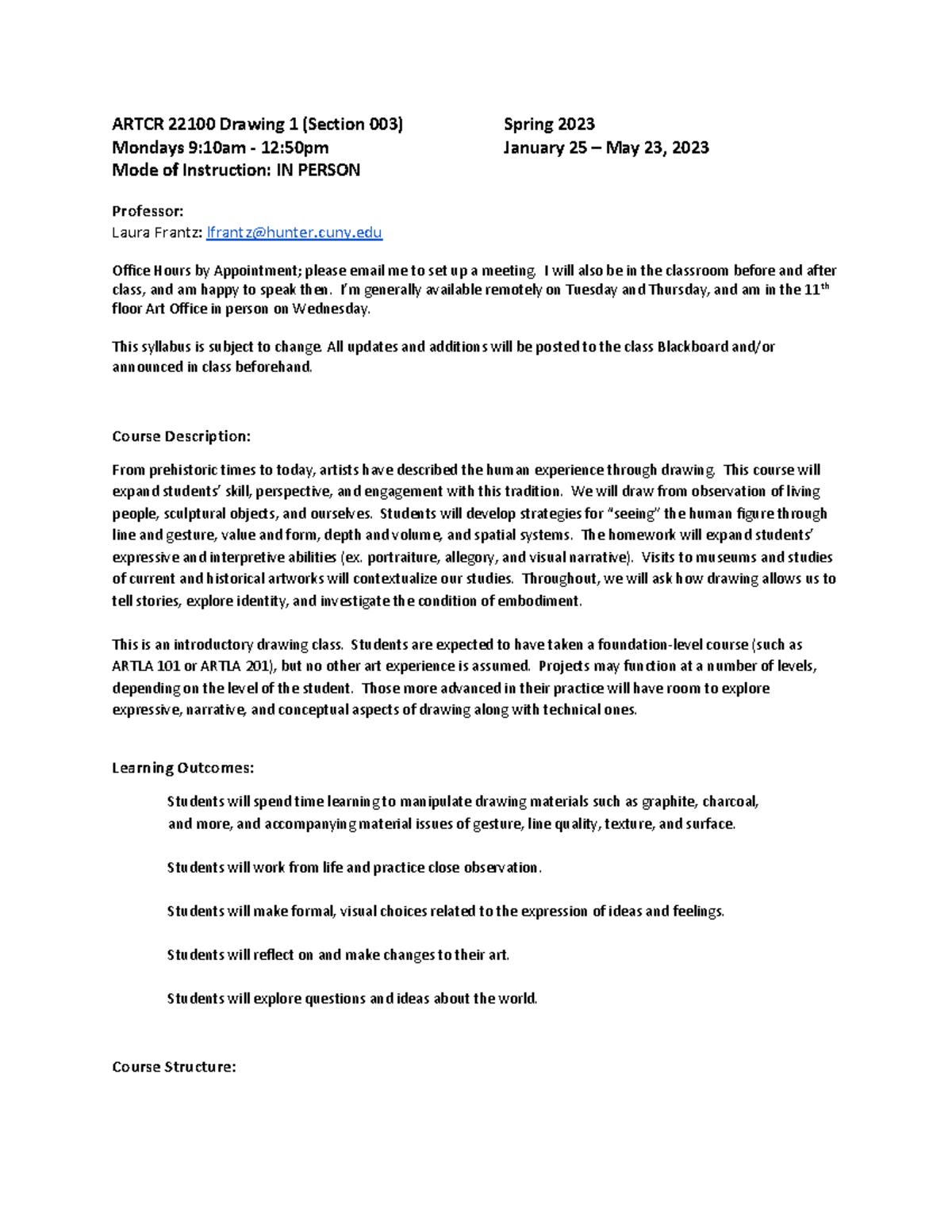 ARTCR 22100 Drawing Syllabus - Spring 2023 Overview and Structure - Studocu