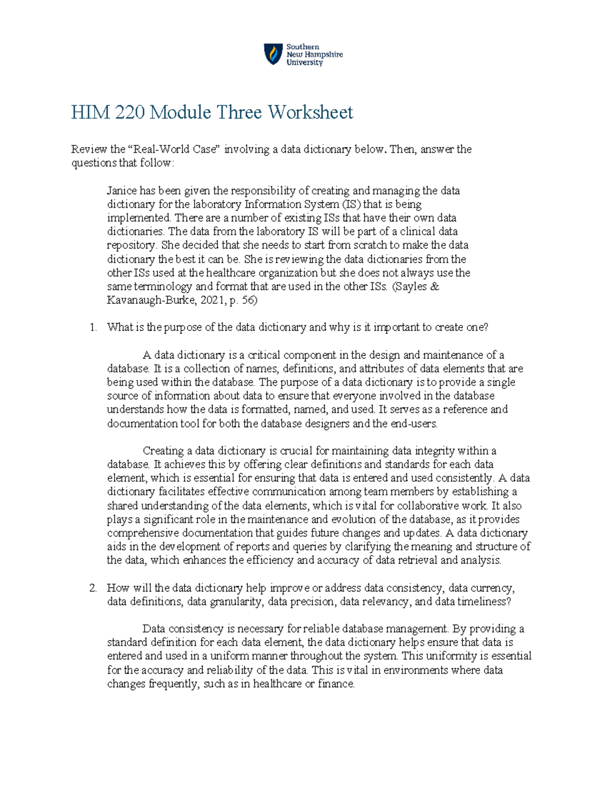 HIM 220 Module 3 Worksheet: Understanding Data Dictionaries in ...