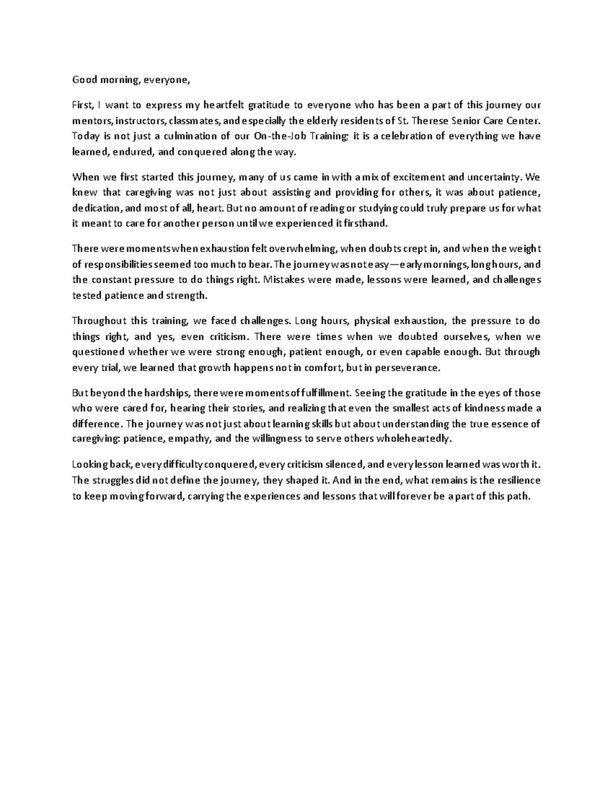 Caregiving Journey Reflection Speech - OYEAH Program - Studocu