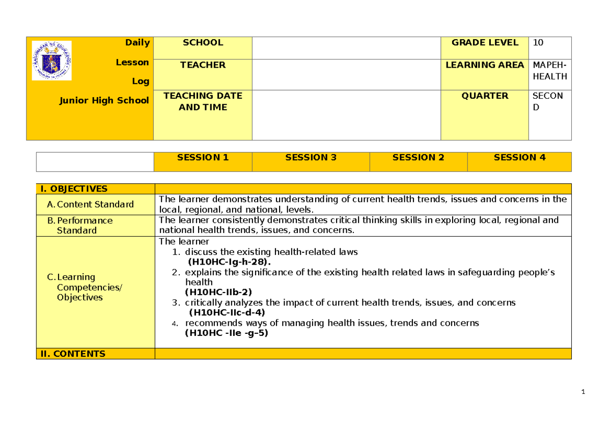 Health Lesson Log for Grade 10 MAPEH: Exploring Health Trends & Laws ...