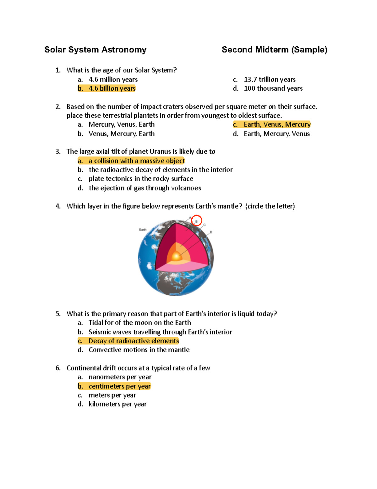 Solar System Astronomy (Course Code: AST101) Sample Second Midterm Exam ...