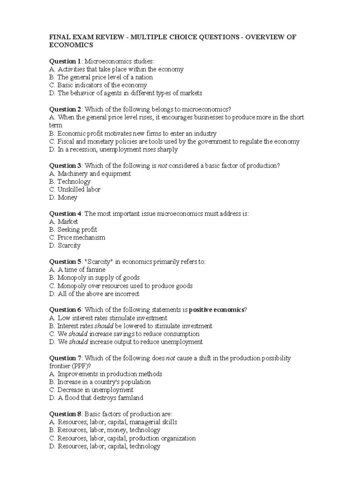 FINAL EXAM REVIEW: MICROECONOMICS MULTIPLE CHOICE QUESTIONS - Studocu