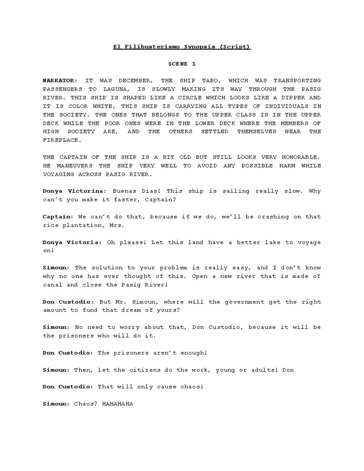 El Filibusterismo - English Script (Scene Summaries) - Studocu