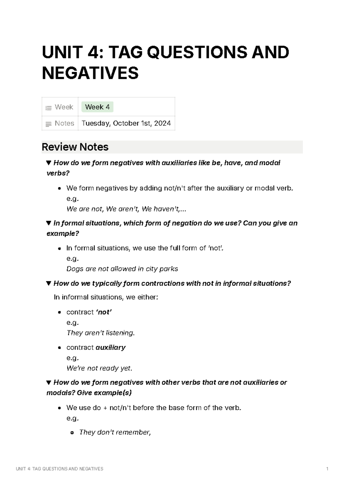 UNIT 4 TAG Questions AND Negatives - UNIT 4: TAG QUESTIONS AND ...