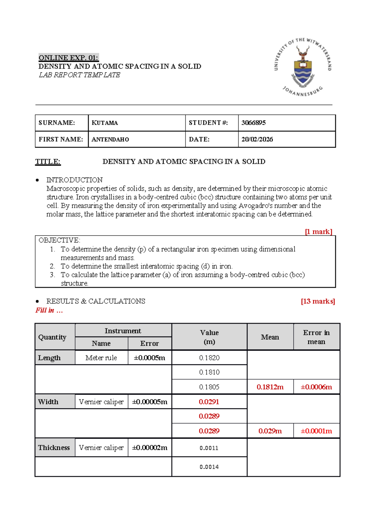 ONLINE EXP. 01: DENSITY & ATOMIC SPACING LAB REPORT - Studocu