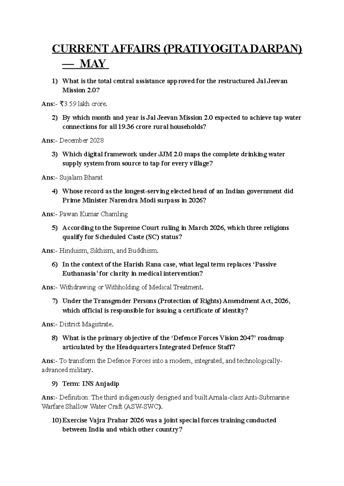 CURRENT AFFAIRS (PRATIYOGITA DARPAN) MAY 2026 Insights - Studocu