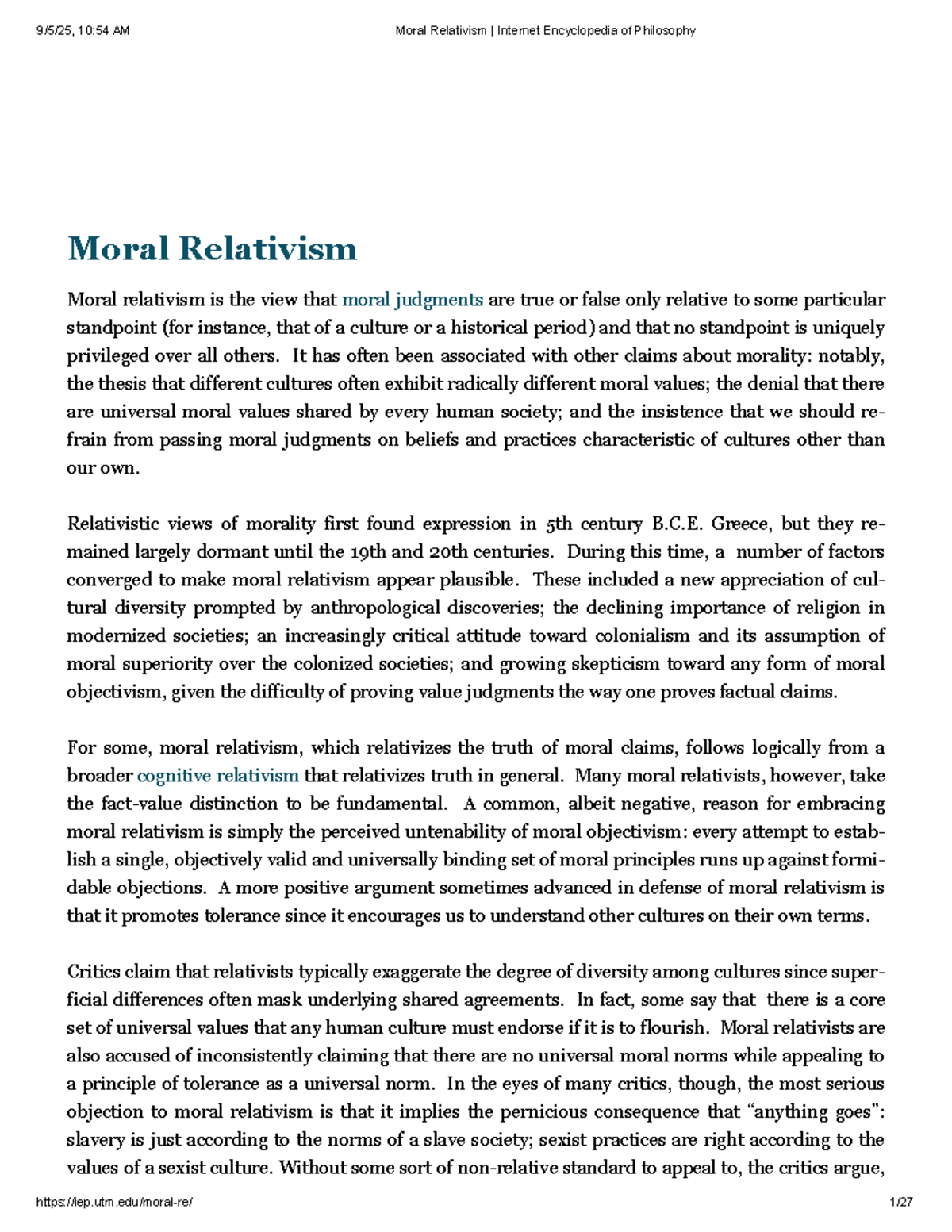 Moral Relativism: Debates and Perspectives in Ethical Philosophy (PHIL ...