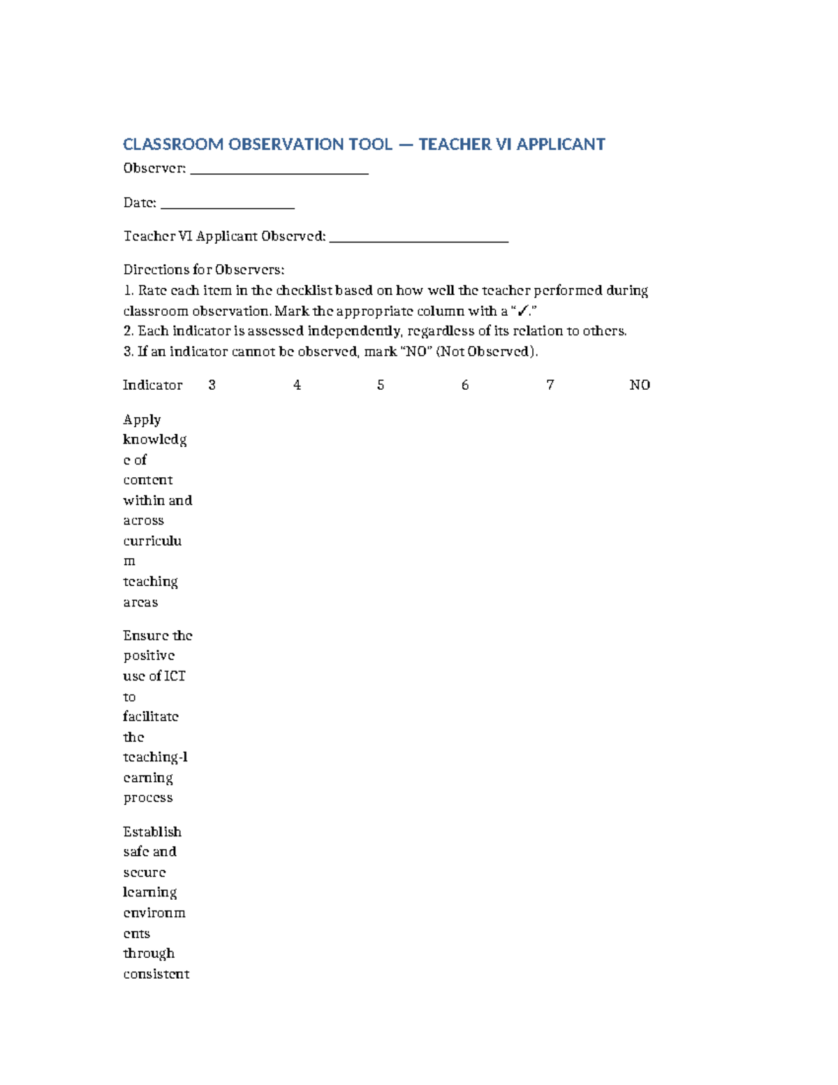 Classroom Observation Tool for Teacher VI Applicants - Studocu