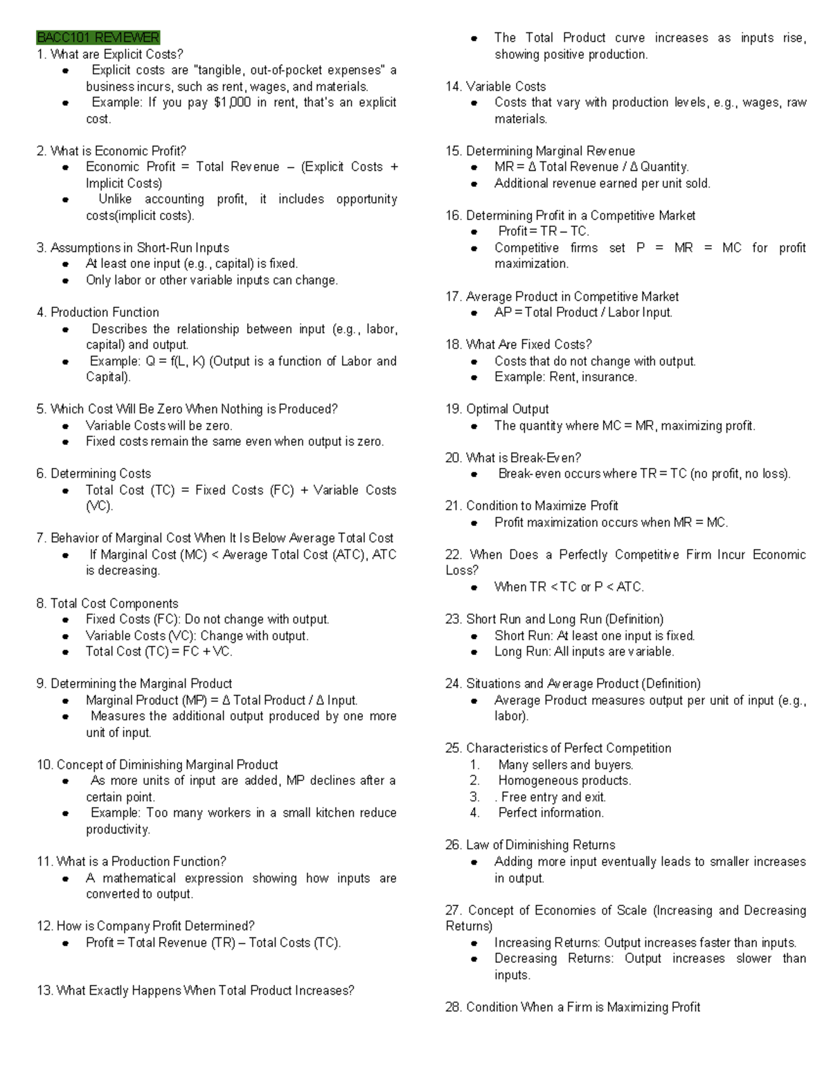 Economics Reviewer - .... - BACC101 REVIEWER What are Explicit Costs ...